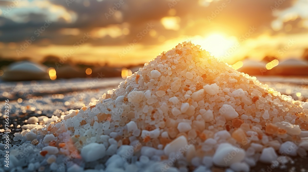 Sea salt farm. Pile of white salt. Raw material of salt industrial ...