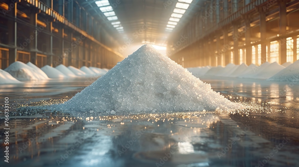 Sea salt farm. Pile of white salt. Raw material of salt industrial ...