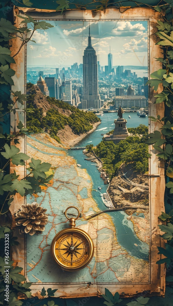 Road trip adventure, iconic landmarks, map and compass, journey spirit ...