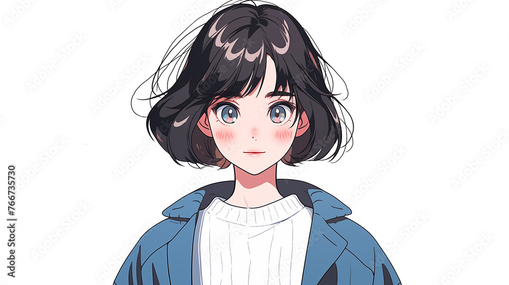 Hand drawn cartoon illustration of cute and beautiful girl with short ...