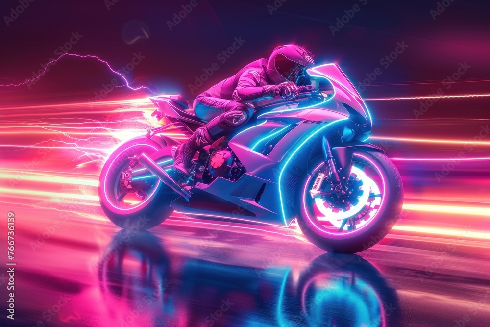 A neon bike is shown in a neon color with a man on it. The bike is ...