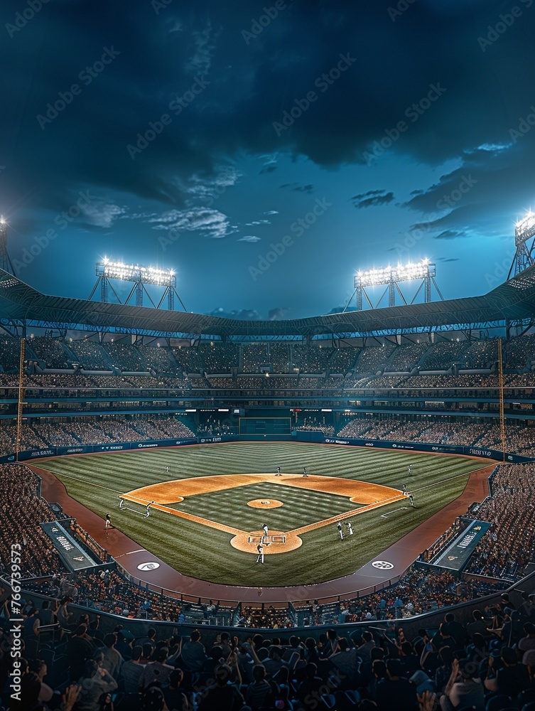 Baseball game in full swing, stadium lights bright, players competing ...