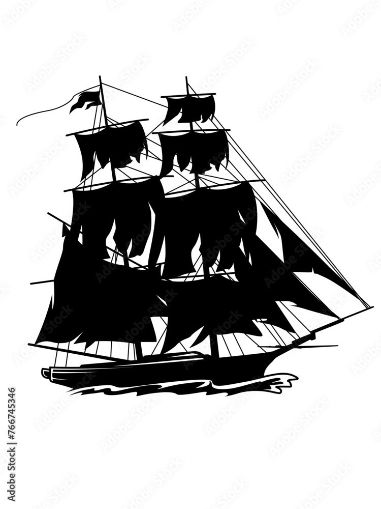 Pirate Ship Clipart, Ship Illustration, Sail Stencil, Pirate Ship ...