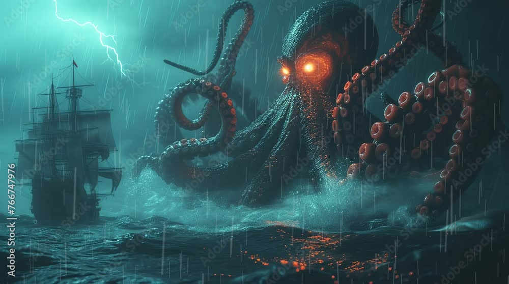 Nighttime Nautical Encounter: Amidst the rain and darkness, a fearsome ...