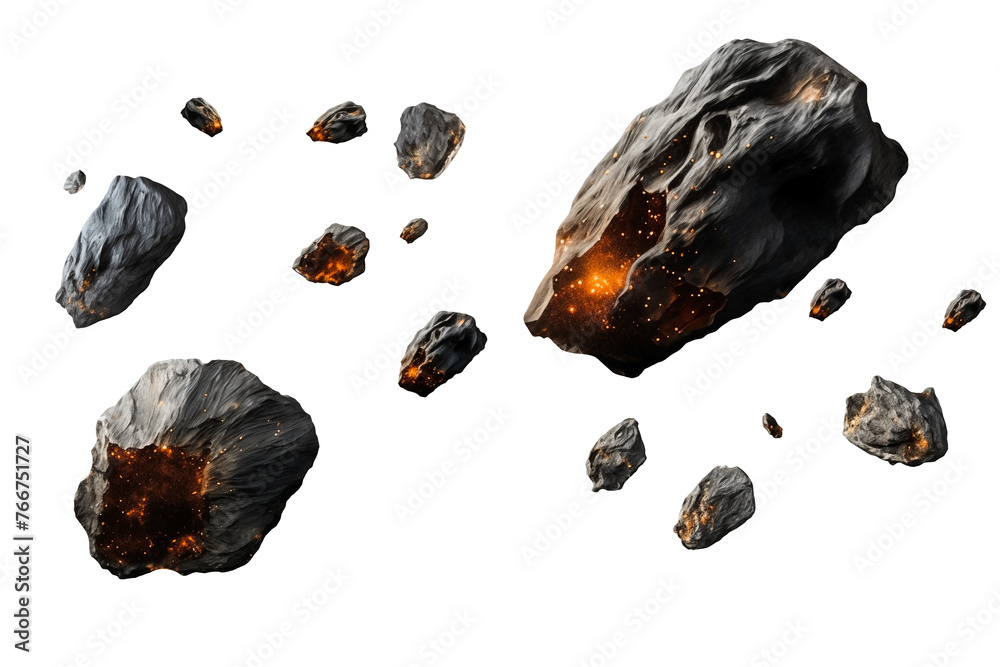 Falling group of Asteroids PNG meteor debris rocks isolated on a white ...