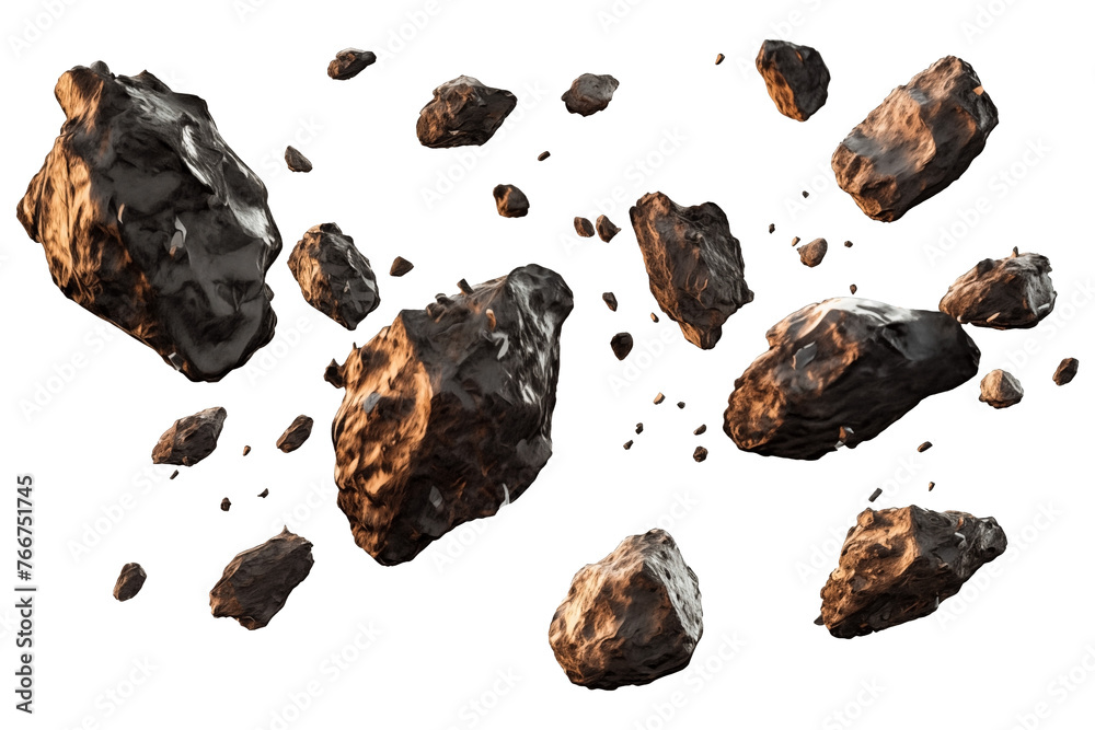 Falling group of Asteroids PNG meteor debris rocks isolated on a white ...