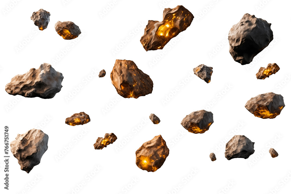 Falling group of Asteroids PNG meteor debris rocks isolated on a white ...