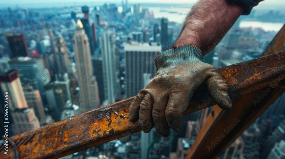A closeup of a construction workers calloused hands gripping a steel ...