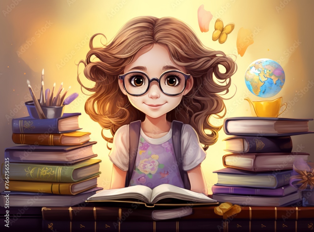 Little girl reads map, geography books. Little girl with a book in her ...