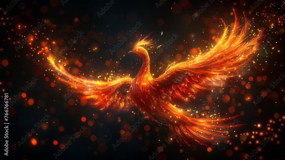 Fiery phoenix rebirth, 3D firebird illustration, ashes rise, mythical ...