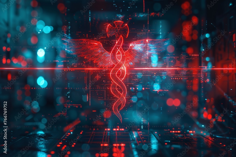 Digital painting of the Caduceus symbol intertwined with the Red Cross ...