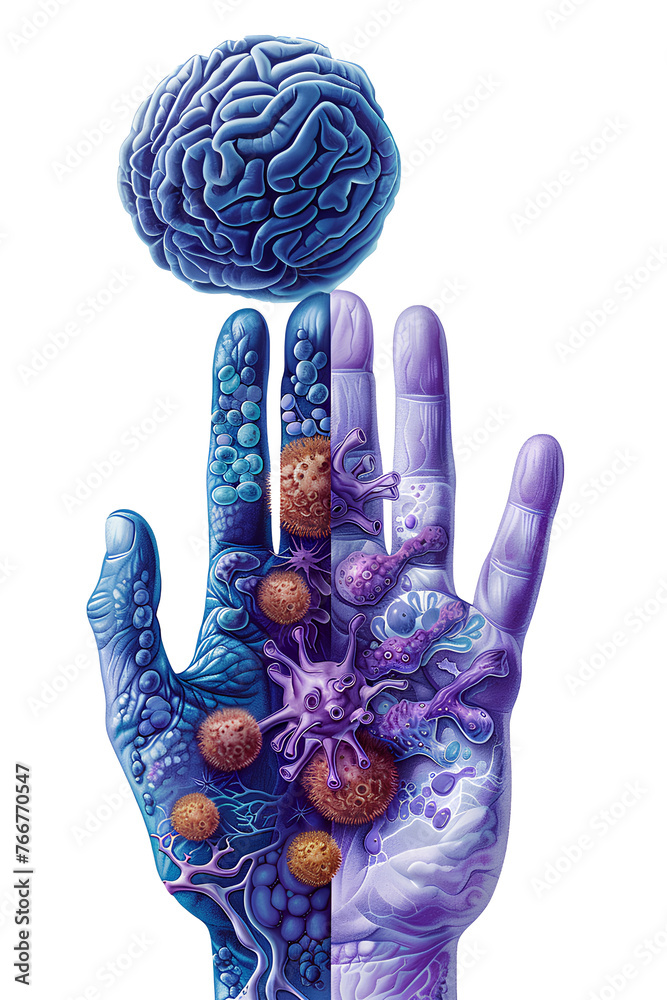 Artistic representation combining a human brain with microbial life ...