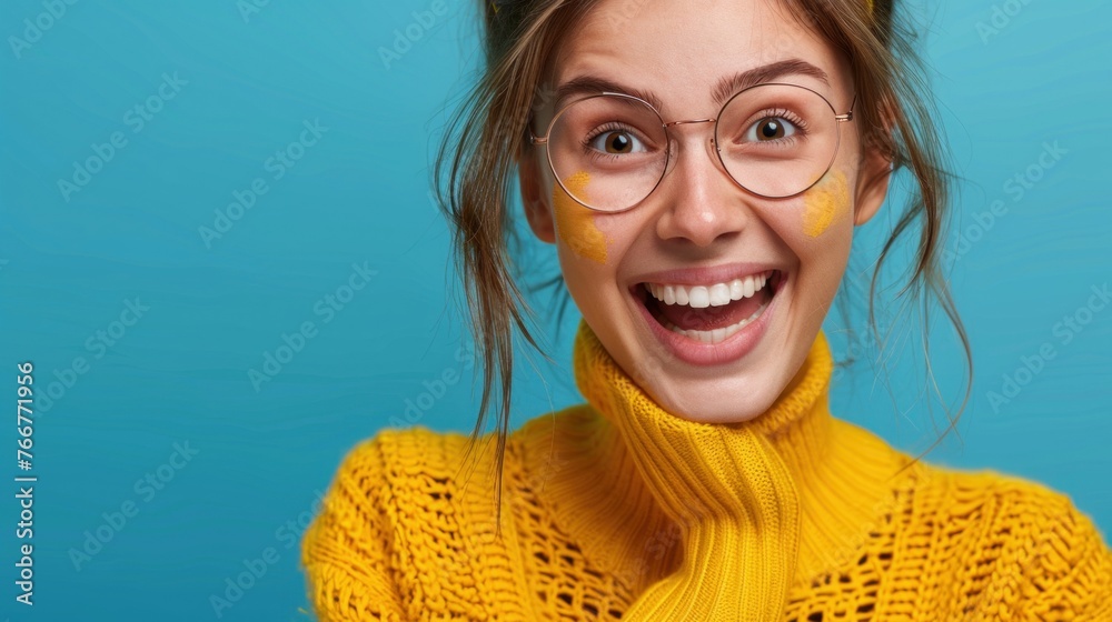 Young attractive beautiful female entrepreneur fund borrower crazy joyful ecstatic face gesture ...