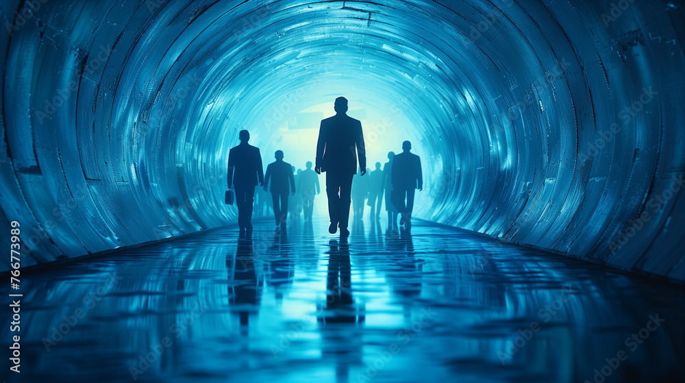 A diverse group of people walk in single file through a dimly lit ...