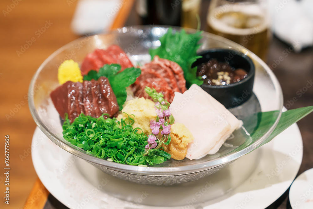horse meat pieces sashimi or Japanese Basashi. Baniku includes lean ...