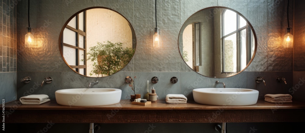 A bathroom with two sinks, round mirrors, taps, and a plant to enhance ...