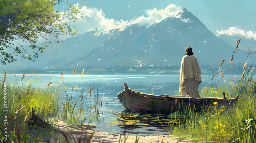 The image features Jesus Christ preaching on the shore of a lake with a ...