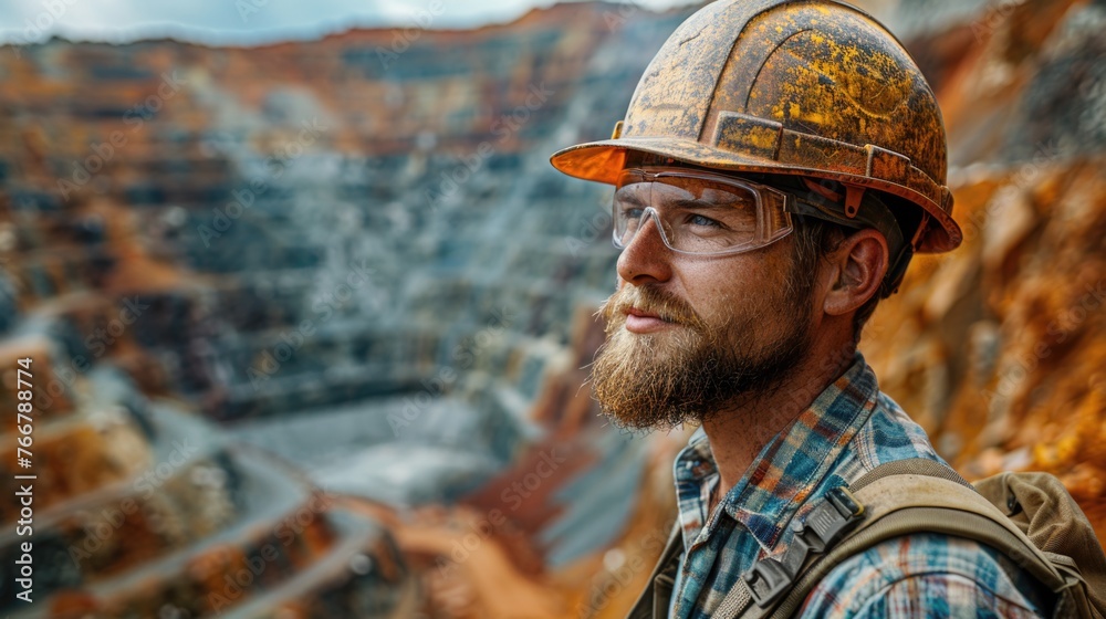 Surveying the copper mine, man in hard hat oversees operations at open ...