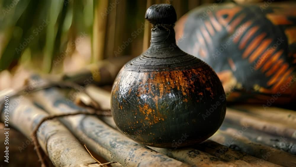 A small calabash gourd filled with a dark earthy liquid believed to ...