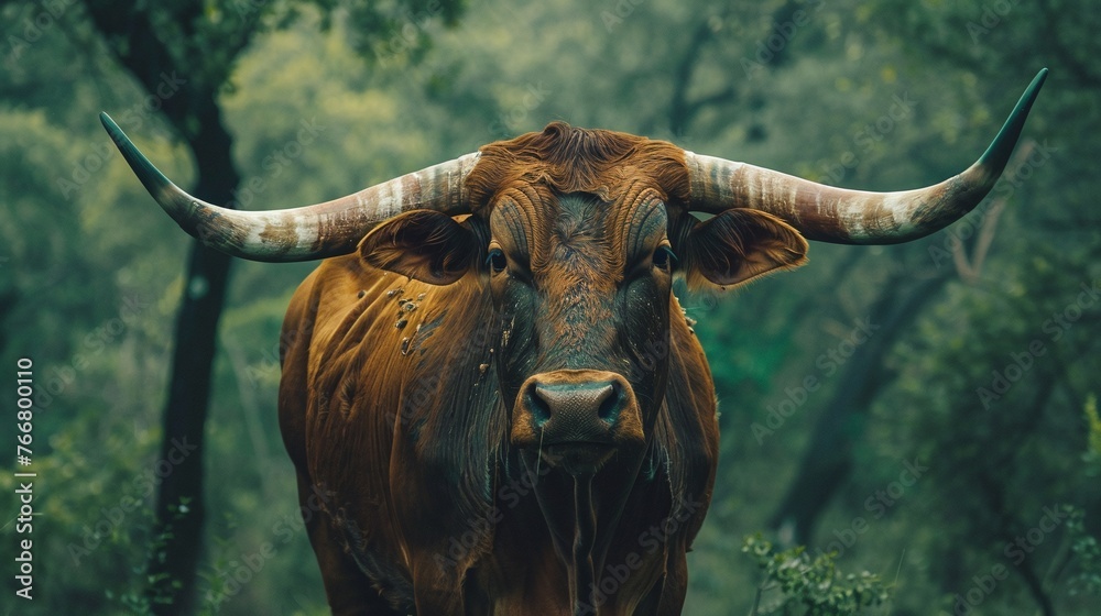 african bull with big horns in the forest closeup showing the powerful ...