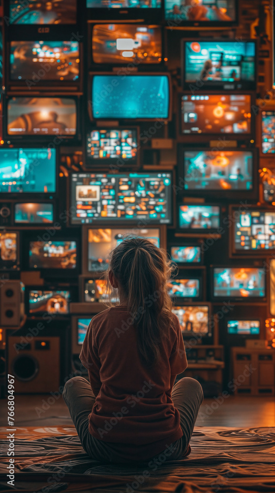 Young girl being bombarded with media and entertainment news cycle ... Young girl being bombarded with media and entertainment news cycle ...
