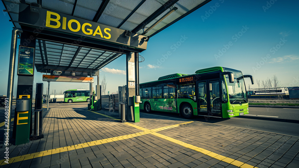 Tourist bus at biogas filling station with clear sky. Carbon carbon ...