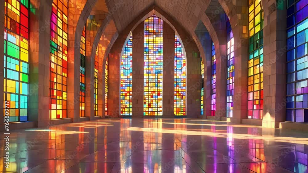 The focal point of this image is a stunning stained glass window in a ...