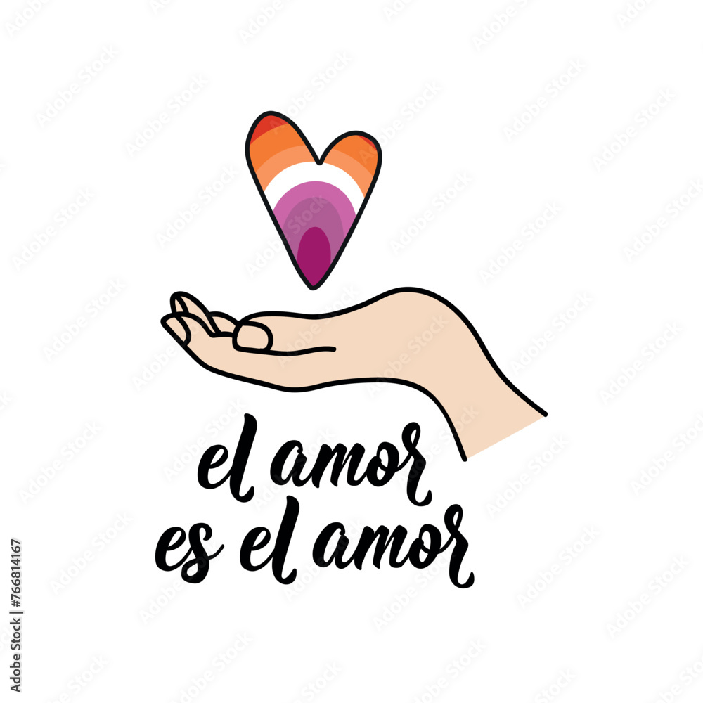 Lesbian Pride Flag. Love is love - in Spanish. Lettering. Ink ...