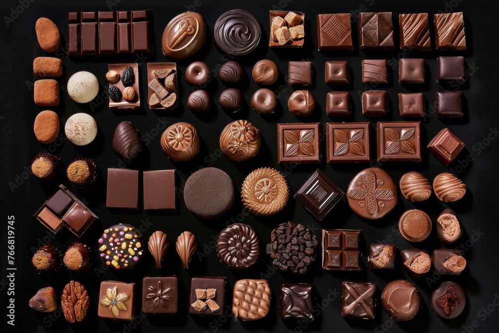 Various shapes and sizes of chocolate pieces elegantly displayed ...