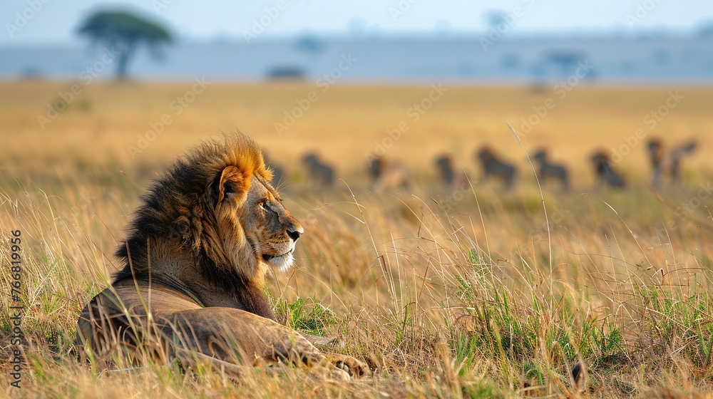 majestic lion observing lionesses prepared for hunting on the wild ...