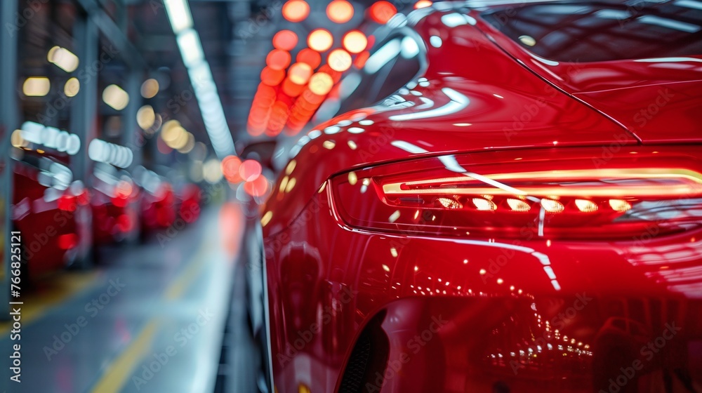 rear light of red color car body, factory background for customers ...