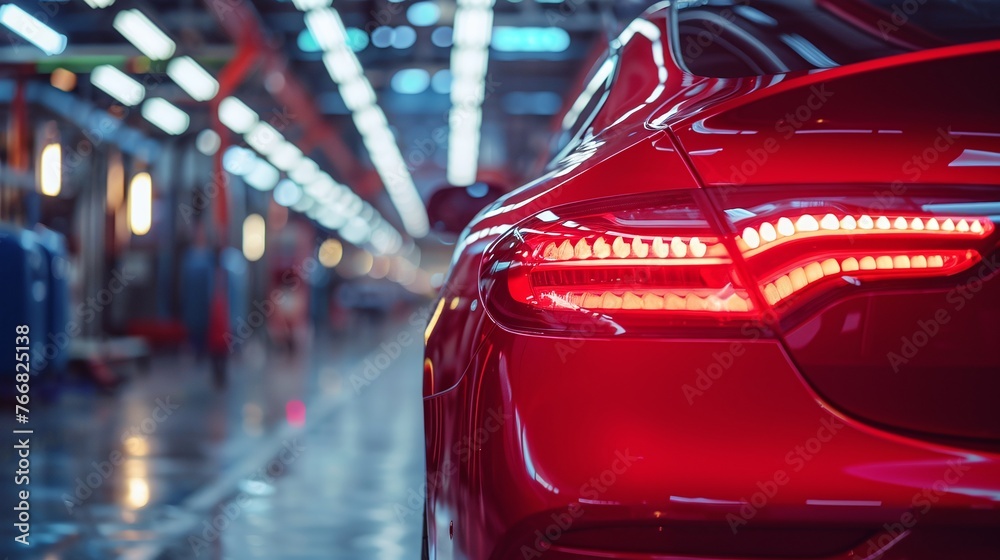 red color car body with rear light, factory background for customers ...