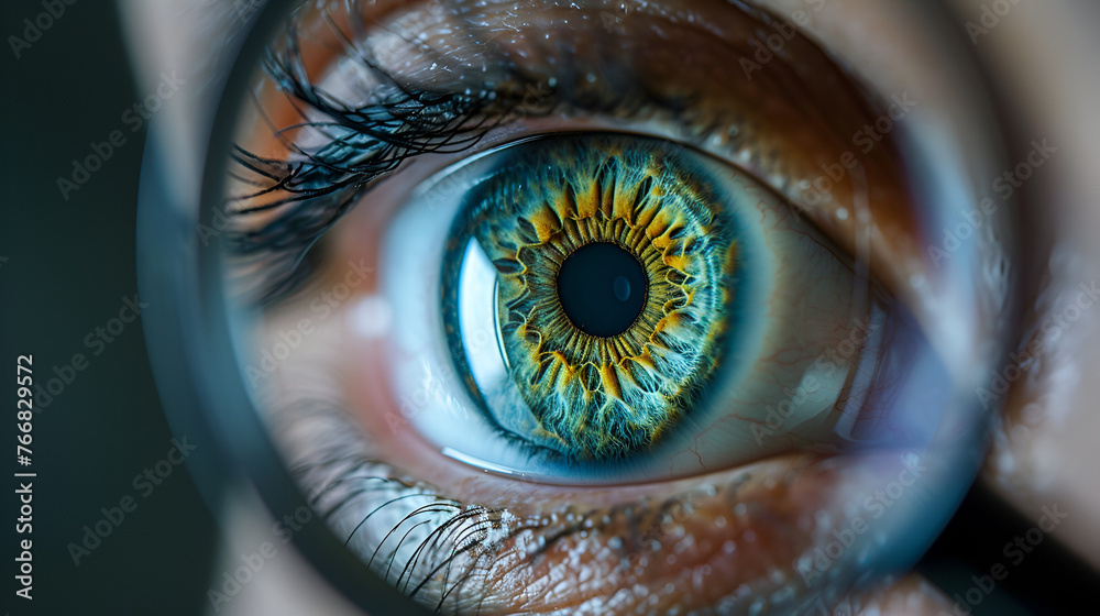 The gaze of curiosity an eyeball enlarged under Young man looking into ...