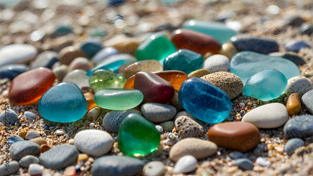 Colorful gemstones on a beach. Polish textured sea glass and stones on ...