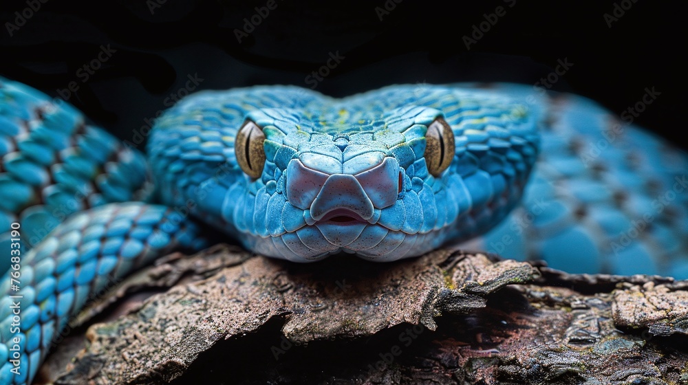 isolated blue viper snake closeup face on tree with black background ...
