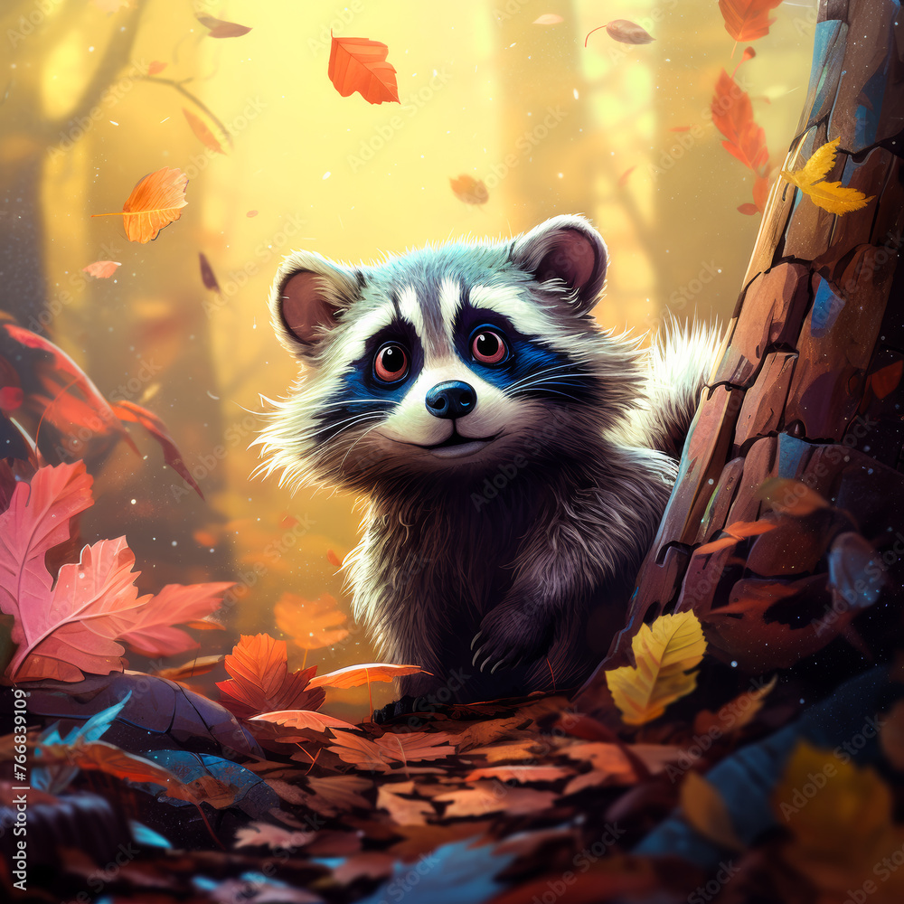 Cartoon Raccoon in a Colorful Forest. Generated Image. A digital ...