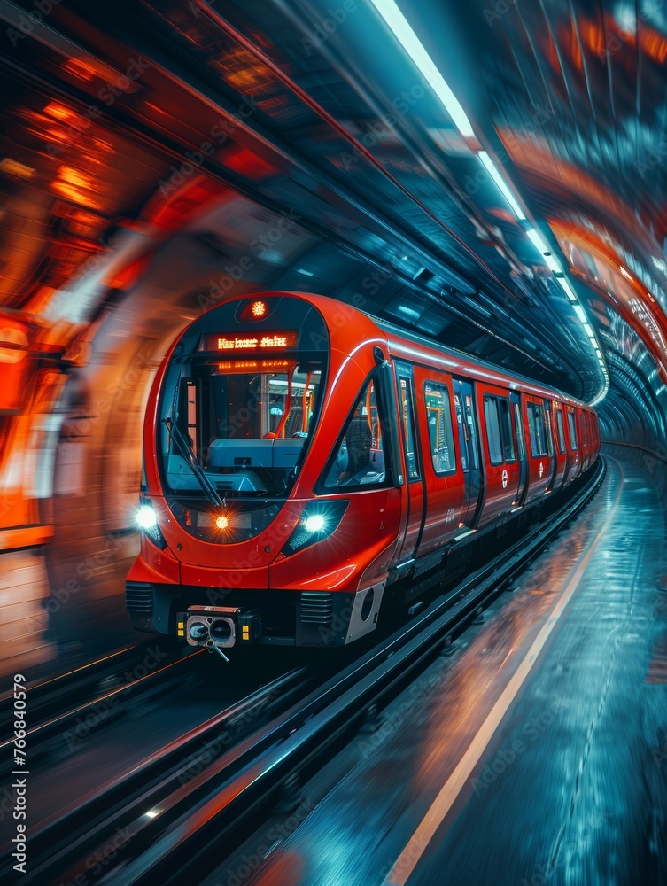 Red tube train in motion, captured perspective of someone standing on ...
