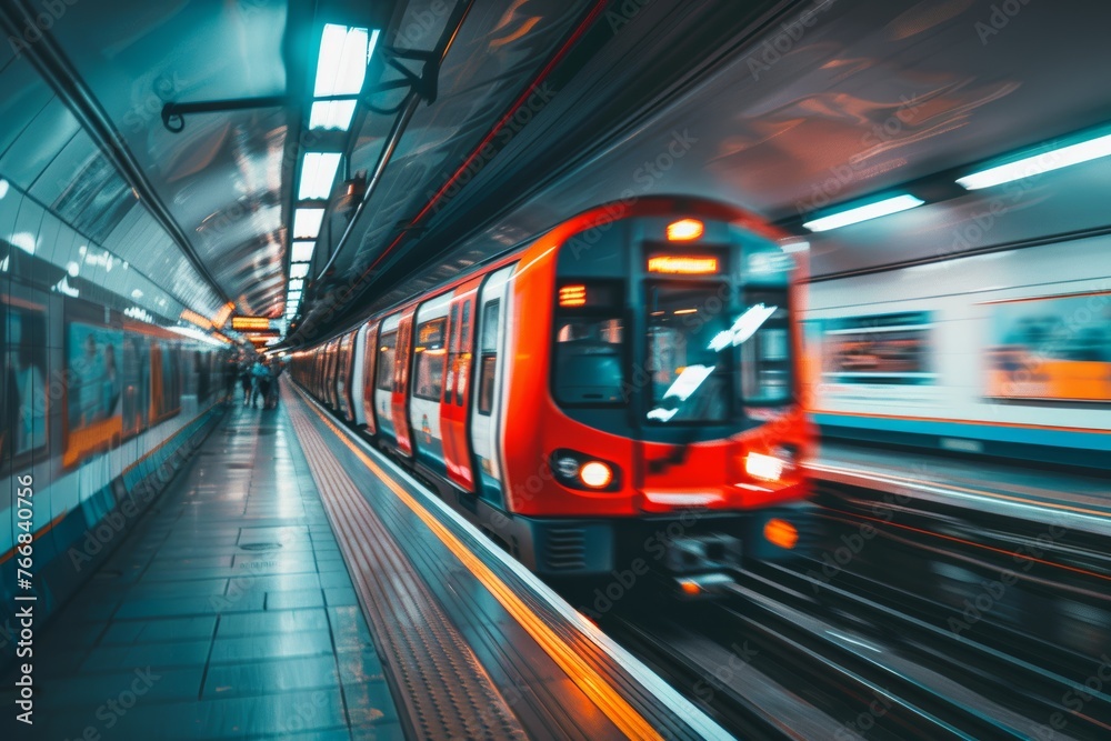 Red tube train in motion, captured perspective of someone standing on ...