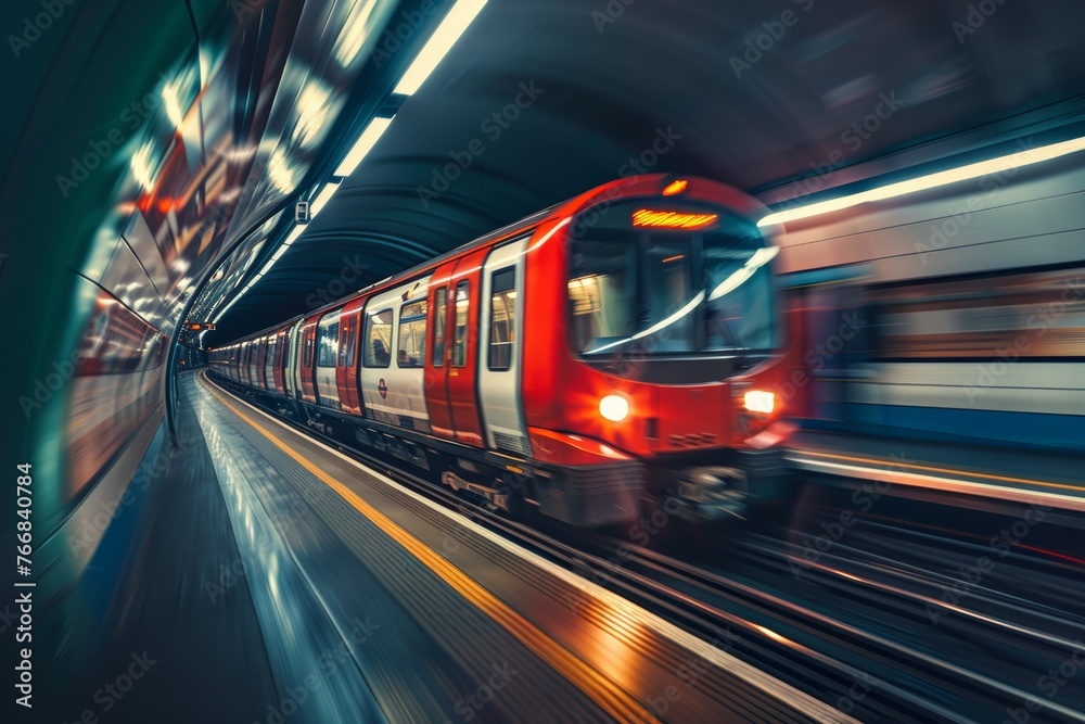 Red tube train in motion, captured perspective of someone standing on ...