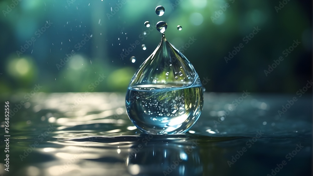 A realistic drop of water is depicted in mid-air, captured in motion to ...