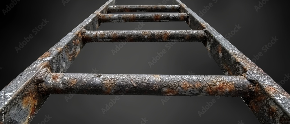 An aged, corroded metal rung ladder boasts rust-streaked sides and a ...