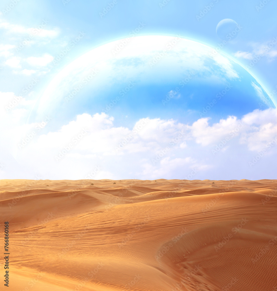 Fantastic scenic with sand desert and planets in sky. Beautiful ...