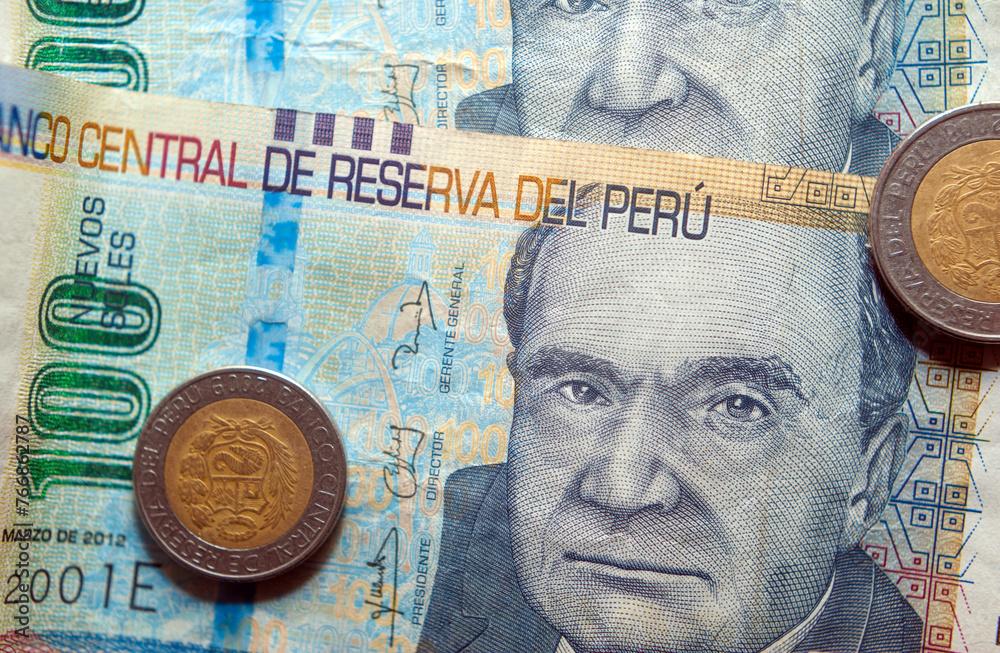 Peruvian Soles (Peru sol) currency notes and coins Stock Photo | Adobe ...