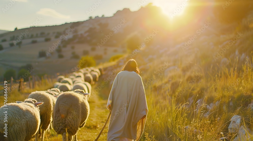 Jesus Christ Leading Sheep and Praying to God in Field Bright Sunlight ...