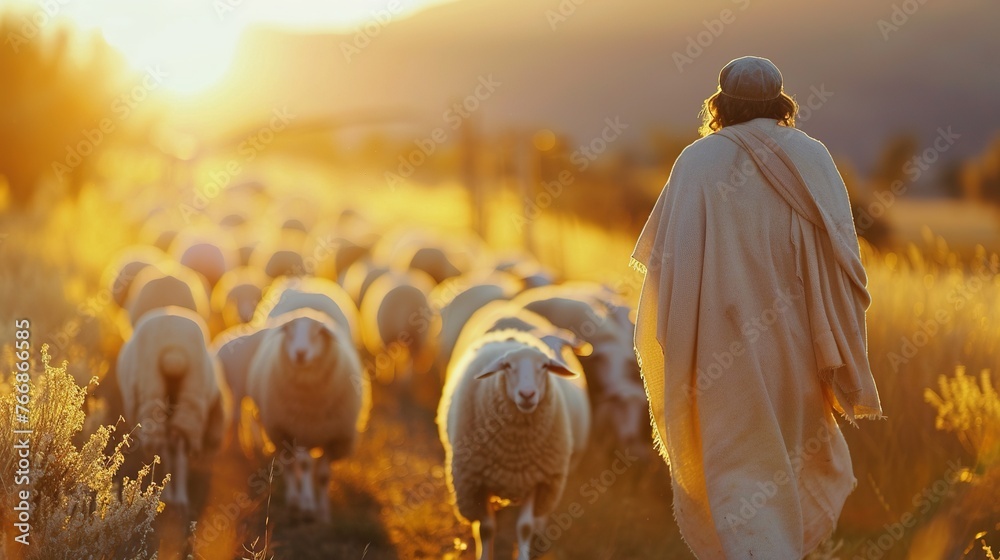 Jesus Christ Leading Sheep and Praying to God in Field Bright Sunlight ...