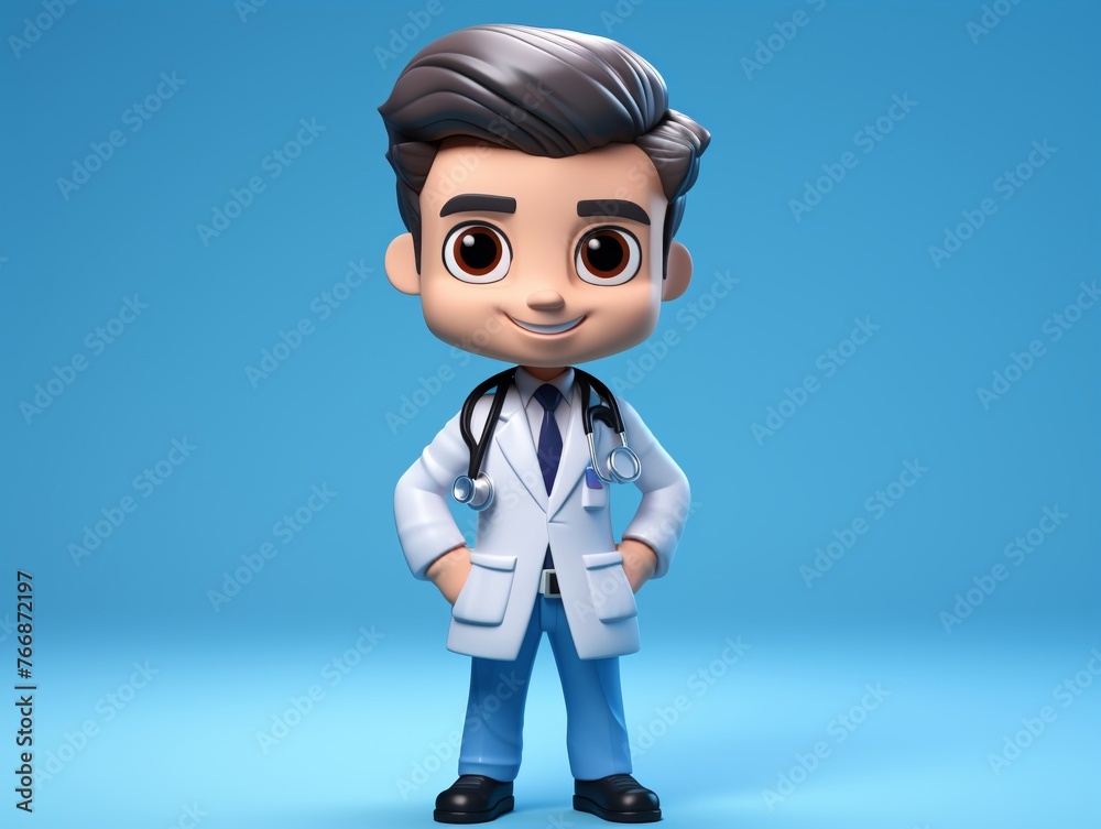 3d render Human doctor cartoon character with stethoscope, looking at ...