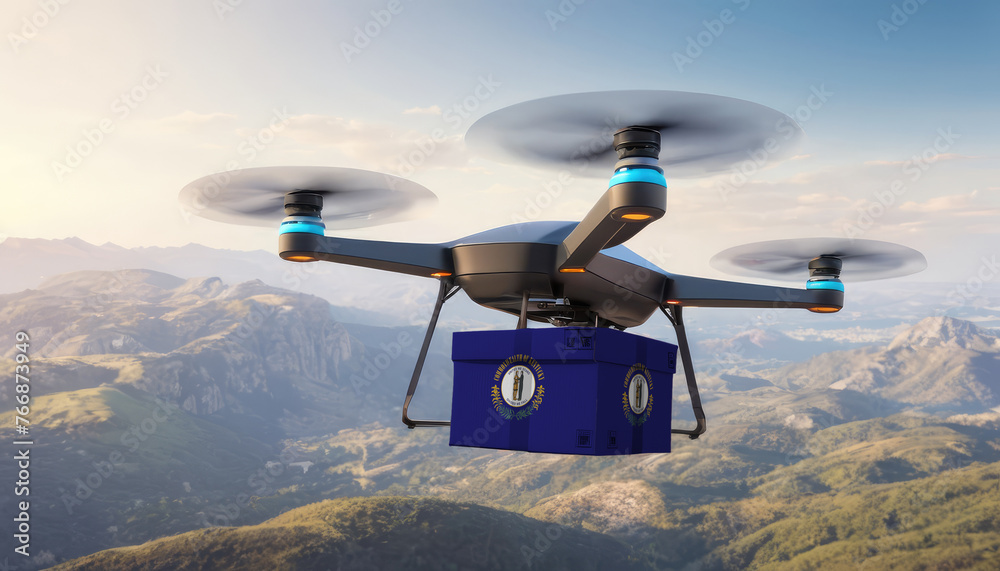 Package cardboard box with flag Kentucky drones fly above sky, business ...