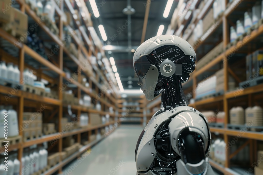 Futuristic android robot navigating and working with tablet in modern ...