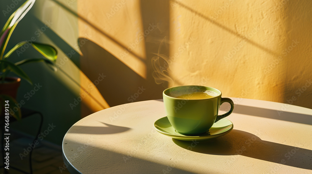 Modern mug of tea with with steam rising, minimalist table, sustainable ...