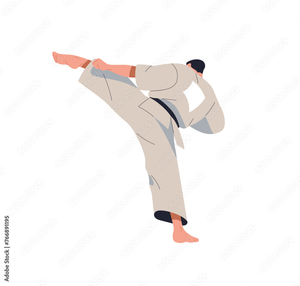 Karate fighter in attacking pose. Japanese wrestler in action, kicking ...